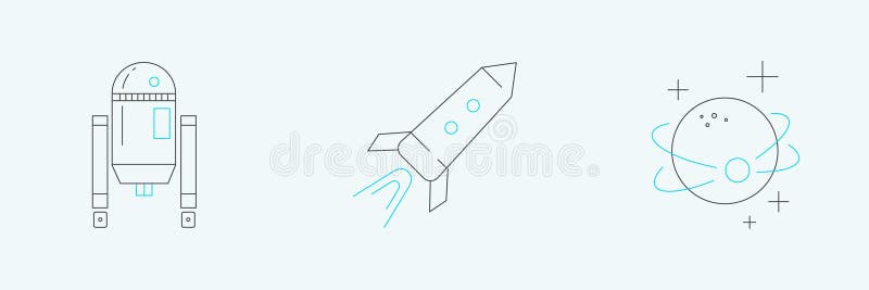 Set Line Planet, Robot and Rocket Ship with Fire Icon. Vector Stock ...
