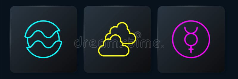 Set Line Planet, Symbol Mercury and Cloudy Weather. Black Square Button ...