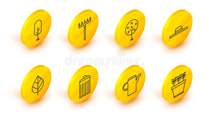 Set Line Plants in Pot, Watering Can, Trash, Leaf, Worker Hat, Tree ...