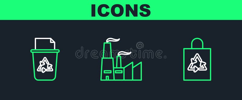 Set Line Plastic Bag with Recycle, Recycle Bin Symbol and Factory Icon ...