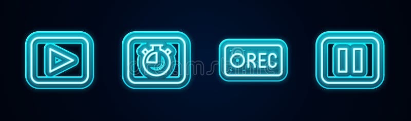 Set Line Play Button, Stopwatch, Record and Pause. Glowing Neon Icon ... Set Line Play Button, Stopwatch, Record and Pause. Glowing Neon Icon ...