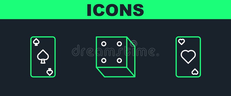 Set Line Playing Card with Heart Symbol, Spades and Game Dice Icon ...
