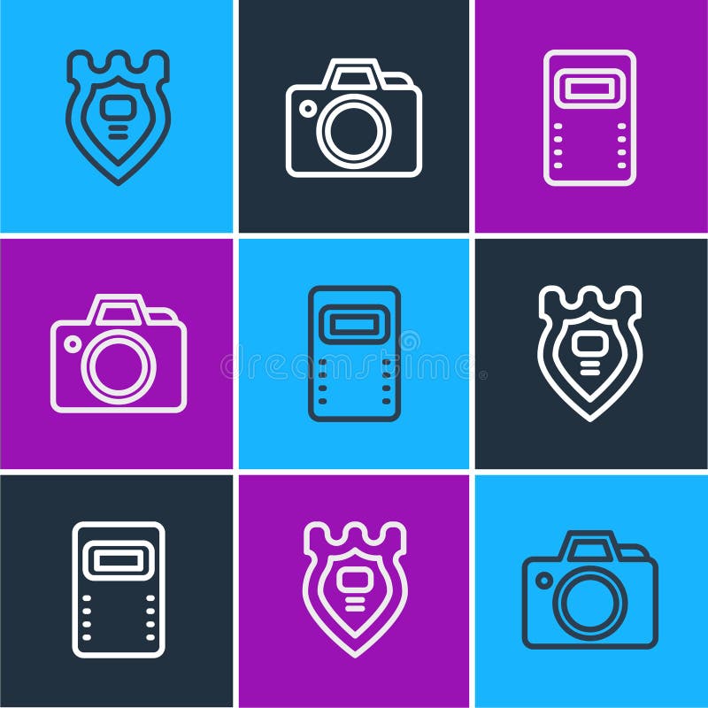 Set Line Police Badge, Assault Shield and Photo Camera Icon. Vector ...