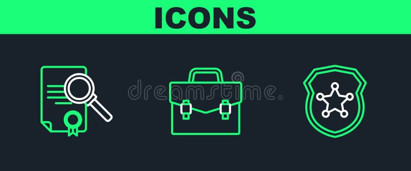 Set Line Police Badge, Document with Search and Briefcase Icon. Vector ... Set Line Police Badge, Document with Search and Briefcase Icon. Vector ...