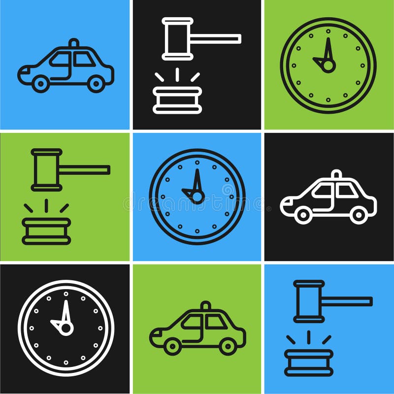 Set Line Police Car and Flasher, Clock and Judge Gavel Icon. Vector ...