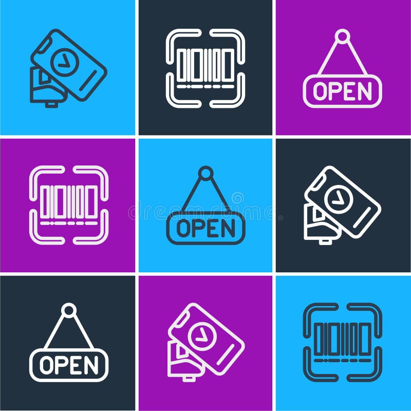 Set Line POS Terminal, Hanging Sign with Open and Scanner Scanning Bar ...