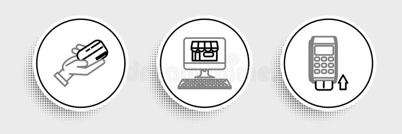 Set Line Pos Terminal with Inserted Credit Card, Human Hand Holding and Shopping Building on ...