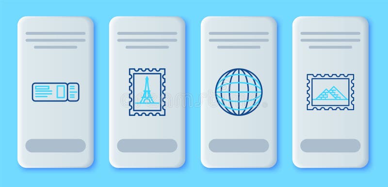 Set Line Postal Stamp and Eiffel Tower, Earth Globe, Travel Ticket and ...