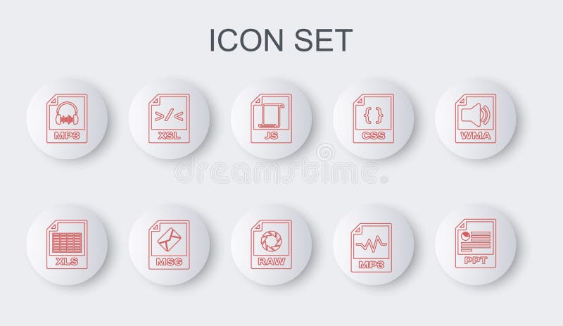 Set Line PPT File Document, XLS, JS, MP3, XSL, MSG and RAW Icon. Vector ... Set Line PPT File Document, XLS, JS, MP3, XSL, MSG and RAW Icon. Vector ...