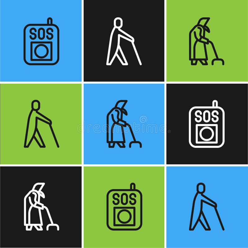 Set Line Press the SOS Button, Grandmother and Blind Human Holding ...
