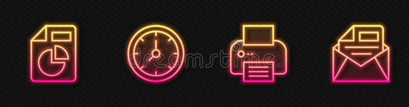 Set Line Printer, Document with Graph Chart, Clock and Mail and E-mail ... Set Line Printer, Document with Graph Chart, Clock and Mail and E-mail ...
