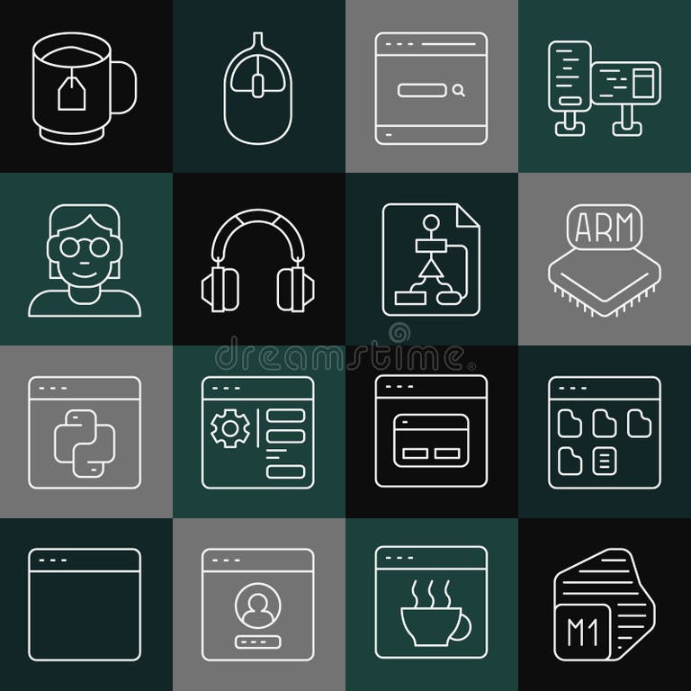 Set Line Processor, Browser Files, Search Engine, Headphones, Hacker Coder, Cup of Tea with Tea ...