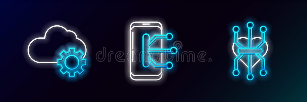 Set Line Processor, Cloud Technology Data Transfer and Storage and Smartphone, Mobile Phone Icon ...