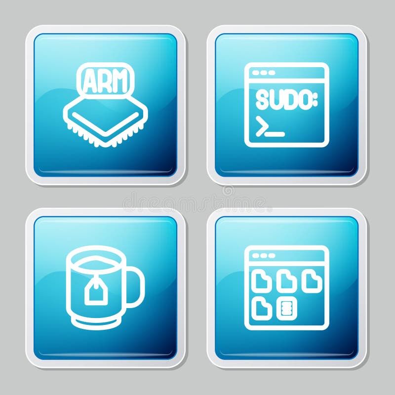 Set Line Processor, Code Terminal, Cup of Tea with Tea Bag and Browser Files Icon. Vector Stock ...