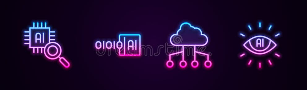 Set Line Processor CPU, Binary Code, Network Cloud Connection and Artificial Intelligence AI ...