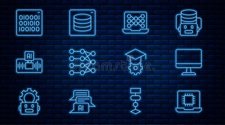 Set Line Processor CPU, Computer Monitor, Neural Network, Artificial Intelligence AI, Binary ...