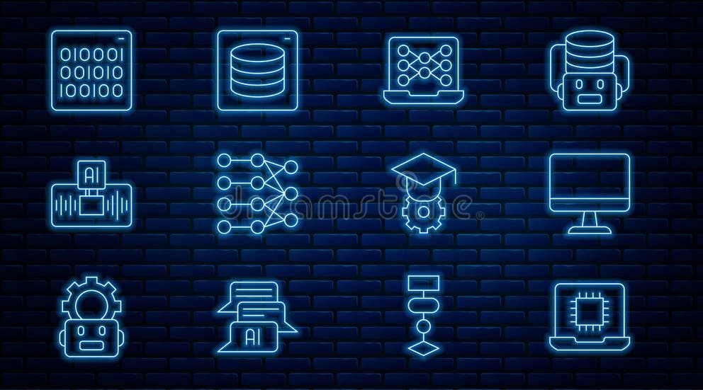 Set Line Processor CPU, Computer Monitor, Neural Network, Artificial Intelligence AI, Binary ...