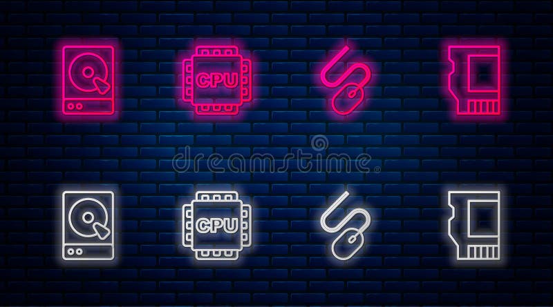 Set Line Processor with CPU, Computer Mouse, Hard Disk Drive HDD and SD ...