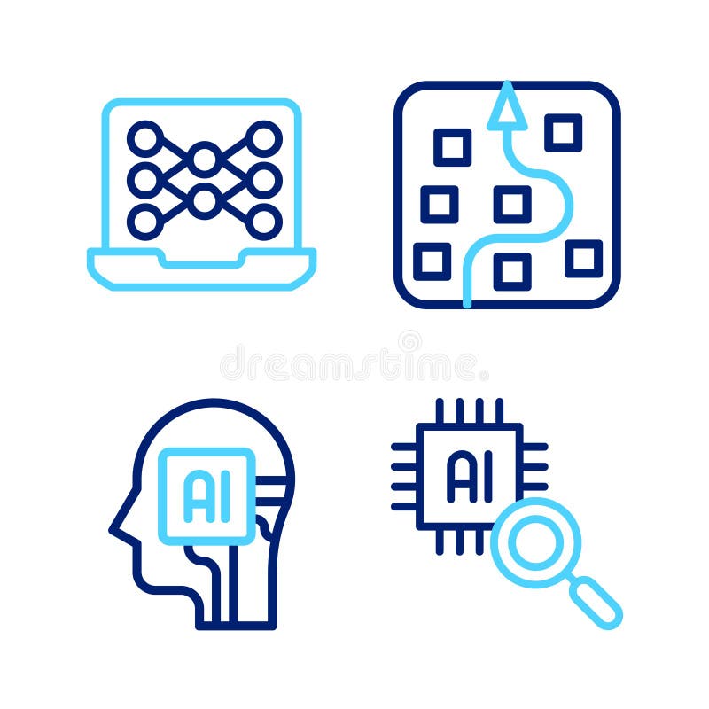 Set Line Processor Cpu Humanoid Robot Neural Network And Icon Vector Stock Vector