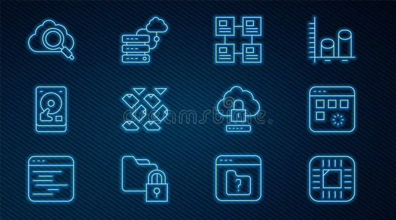 Set Line Processor with CPU, Loading Data Window, Hierarchy Organogram Chart, Data Stream, Hard ...