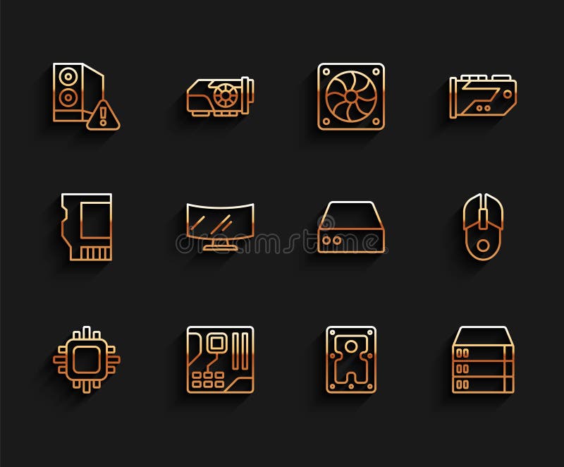 Set Line Processor with CPU, Motherboard Digital Chip, Case of Computer, Hard Disk Drive HDD ...