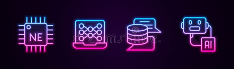 Set Line Processor CPU, Neural Network, Server, Data and Artificial Intelligence Robot. Glowing ...