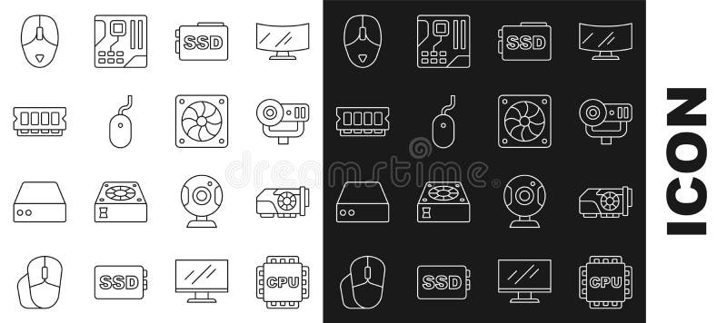 Set Line Processor with CPU, Video Graphic Card, Web Camera, SSD, Computer Mouse, RAM, Random ...