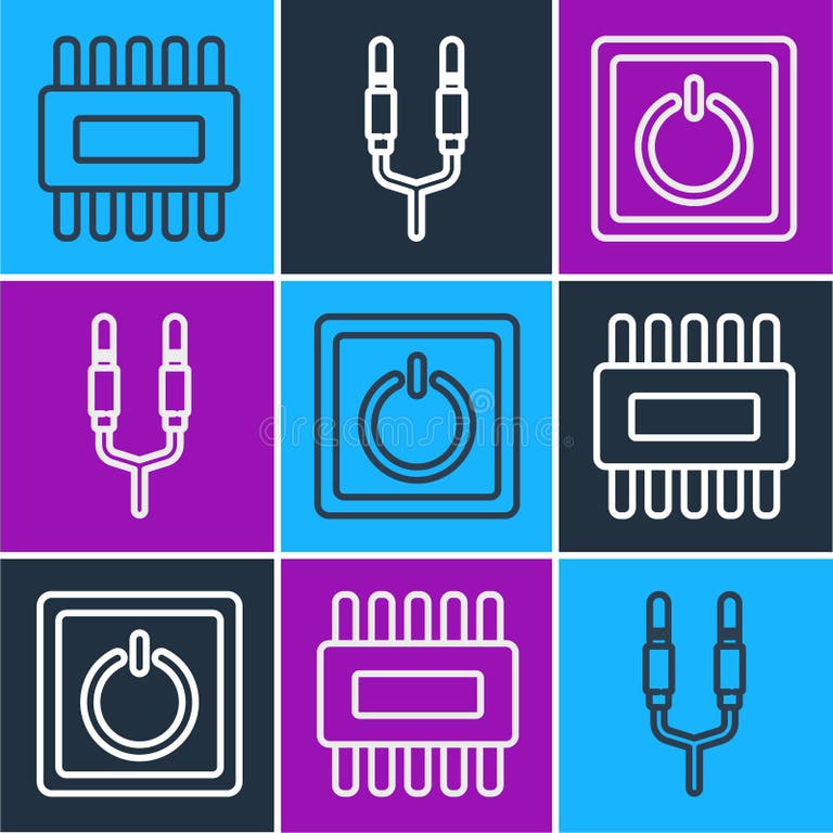 Set Line Processor with Microcircuits CPU, Electric Light Switch and Audio Jack Icon. Vector ...