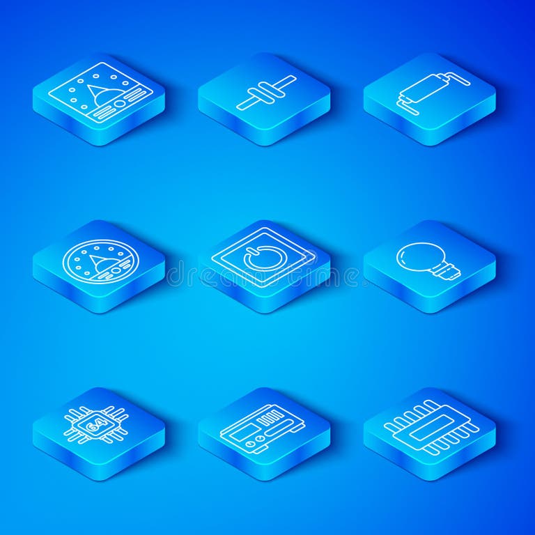 Set Line Processor with Microcircuits CPU, Electrical Measuring Instruments, Light Bulb Concept ...