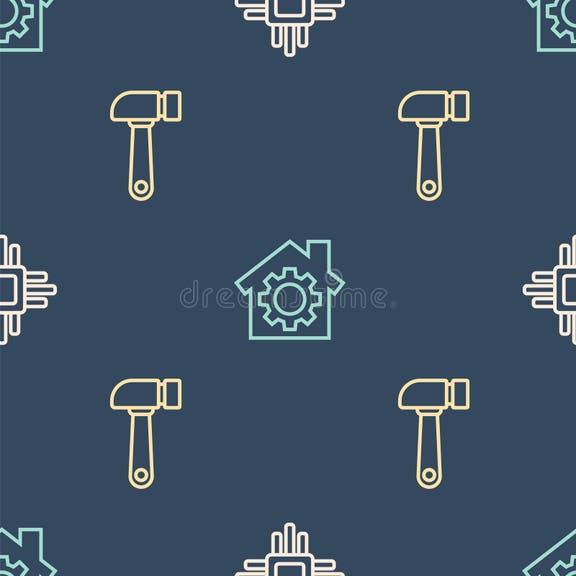 Set Line Processor with Microcircuits CPU, Hammer and House Gear on Seamless Pattern. Vector ...