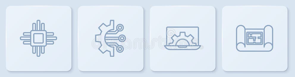 Set Line Processor with Microcircuits CPU, Laptop and Gear, Algorithm and House Plan. White ...