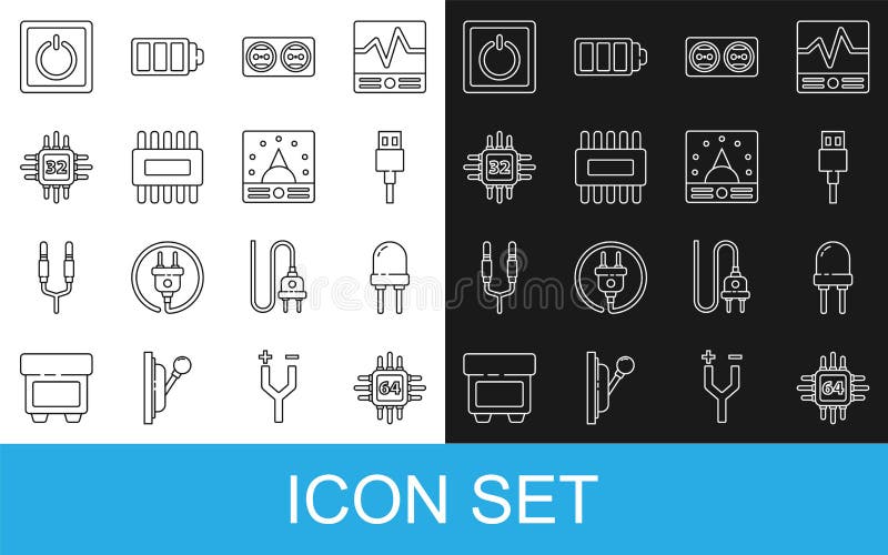 Set Line Processor with Microcircuits CPU, Light Emitting Diode, USB Cable Cord, Electrical ...