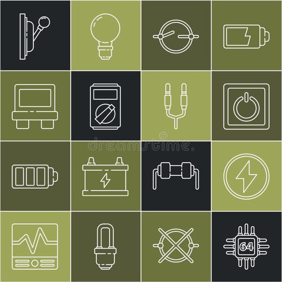 Set Line Processor with Microcircuits CPU, Lightning Bolt, Electric Light Switch, Scheme ...