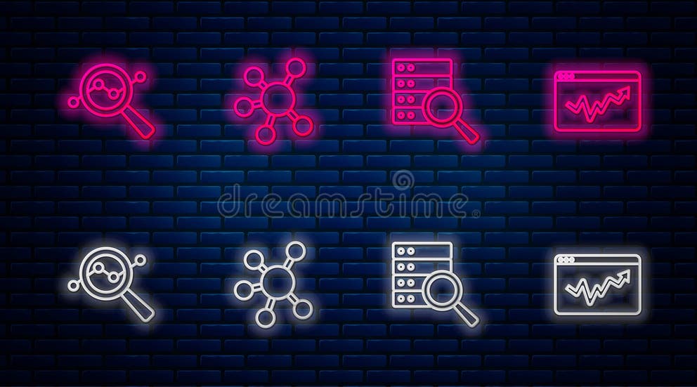 Set Line Project Team Base, Server, Search Data Analysis and Graph Chart Infographic. Glowing ...