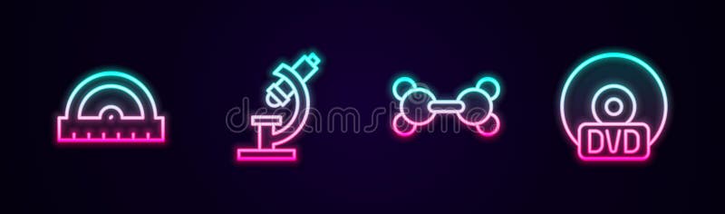Set Line Protractor Grid, Microscope, Molecule and CD DVD Disk. Glowing ...
