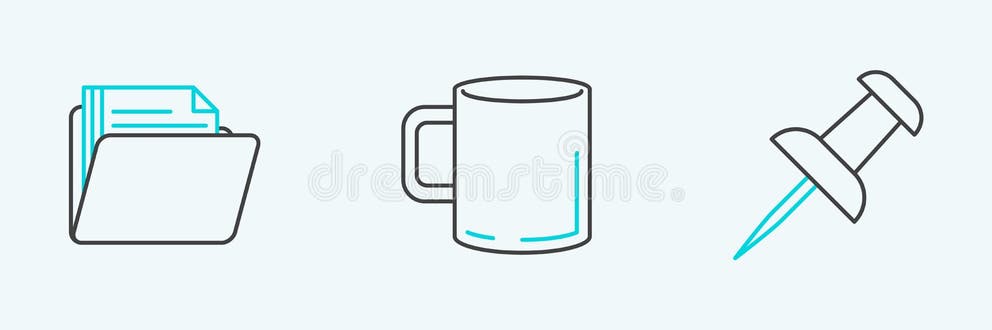 Set Line Push Pin, Document Folder and Coffee Cup Flat Icon. Vector ...
