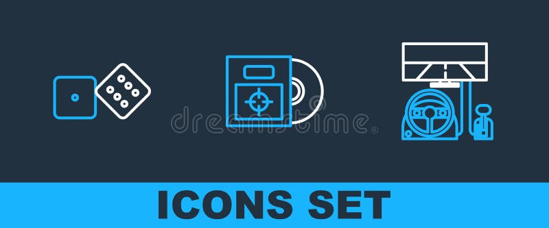 Set Line Racing Simulator Cockpit, Game Dice and CD DVD Disk Box Icon ...