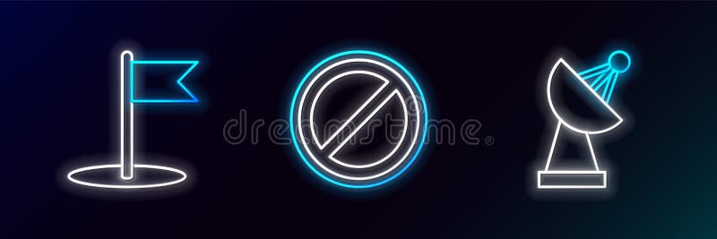 Set Line Radar, Flag and Stop Sign Icon. Glowing Neon. Vector Stock ...