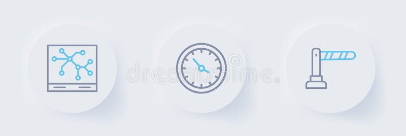 Set Line Railway Barrier, Train Station Clock and Map Icon. Vector ...