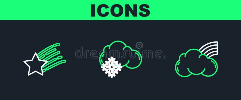 Set Line Rainbow with Clouds, Falling Star and Cloud Snow Icon. Vector ...
