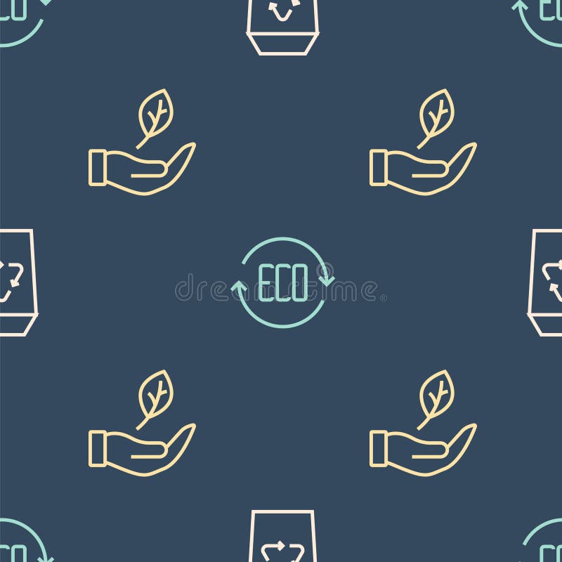 Set Line Recycle Bin, Leaf Hand and Eco Symbol on Seamless Pattern ...