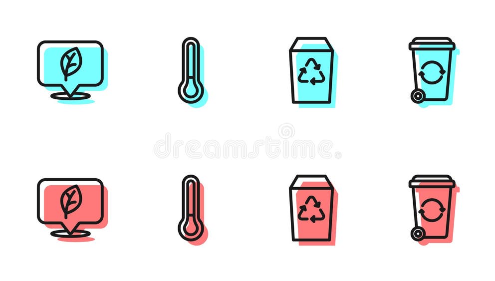 Set Line Recycle Bin, Location with Leaf, Thermometer and Icon. Vector ...