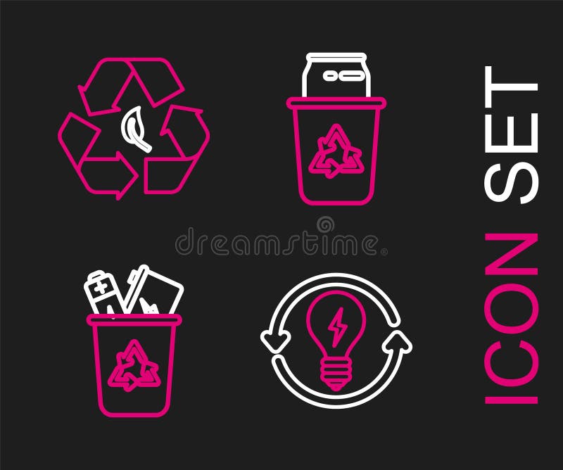 Set Line Recycle and Light Bulb with Lightning Symbol, Bin Recycle, Can ...