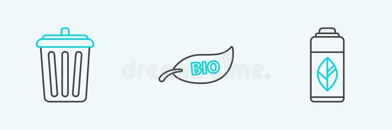 Set Line Recycling Plastic Bottle, Trash Can and Leaf Bio Symbol Icon ...