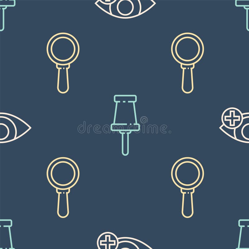 Set Line Red Eye Effect, Magnifying Glass and Push Pin on Seamless ...