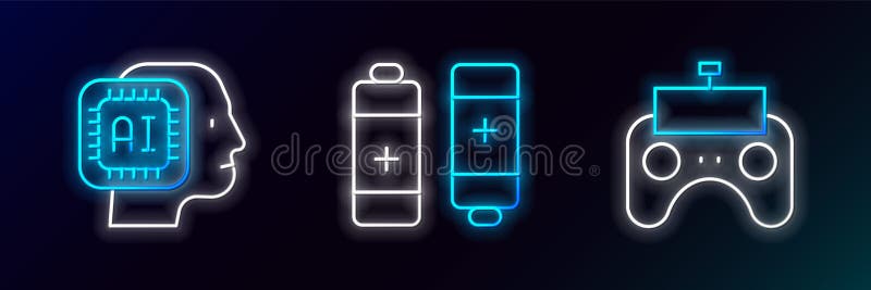 Set Line Remote Control, Humanoid Robot and Battery Icon. Glowing Neon ... Set Line Remote Control, Humanoid Robot and Battery Icon. Glowing Neon ...