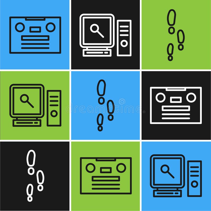 Set Line Retro Audio Cassette Tape, Footsteps and Search on Computer ...