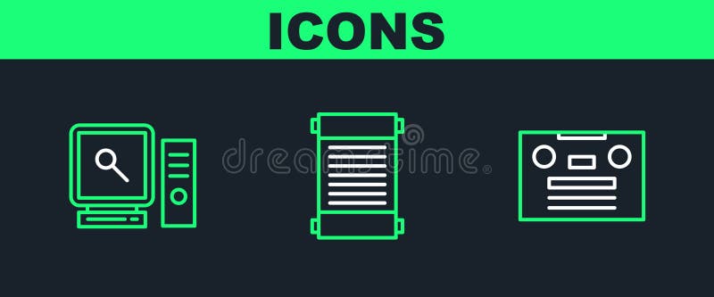 Set Line Retro Audio Cassette Tape, Search on Computer Screen and ...