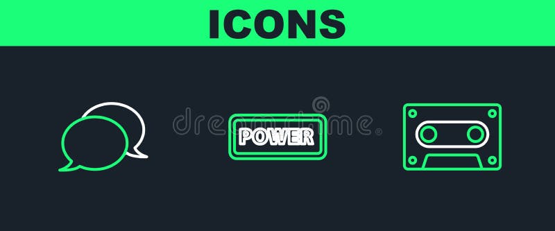 Set Line Retro Audio Cassette Tape, Speech Bubble Chat and Power Button ...