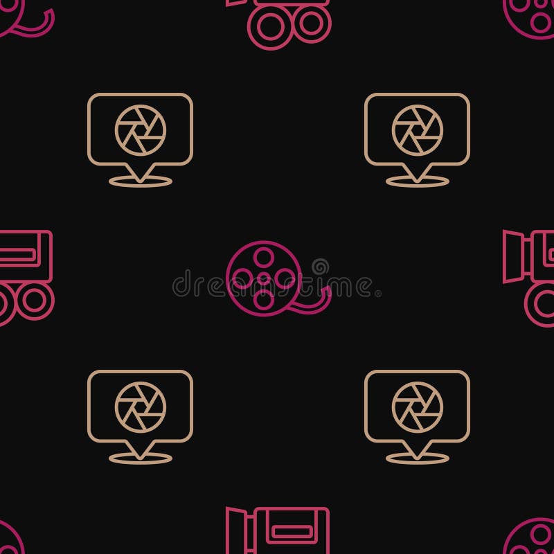 Set Line Retro Cinema Camera, Camera Shutter and Film Reel on Seamless ...